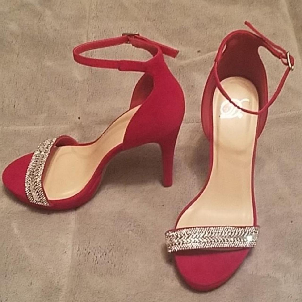 Red velvet heels with rhinestone strap - Depop