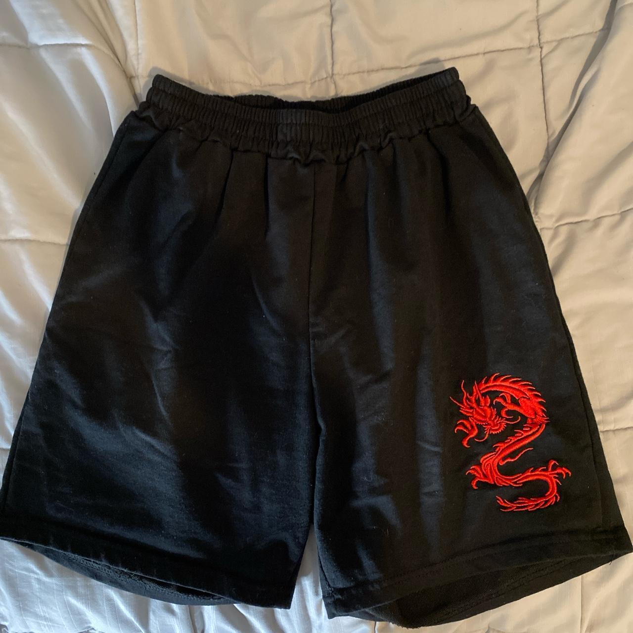 Black shorts with red dragon embroidery. Only worn... - Depop
