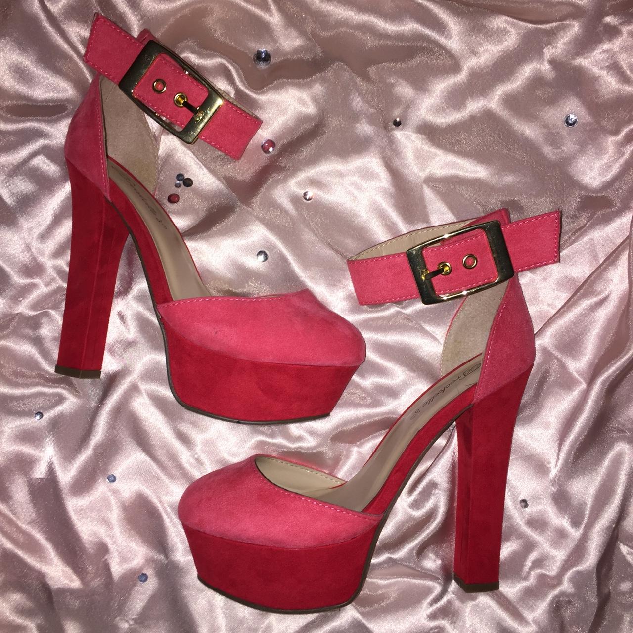 🦄Pink and red chunky heeled pumps with ankle strap.... - Depop