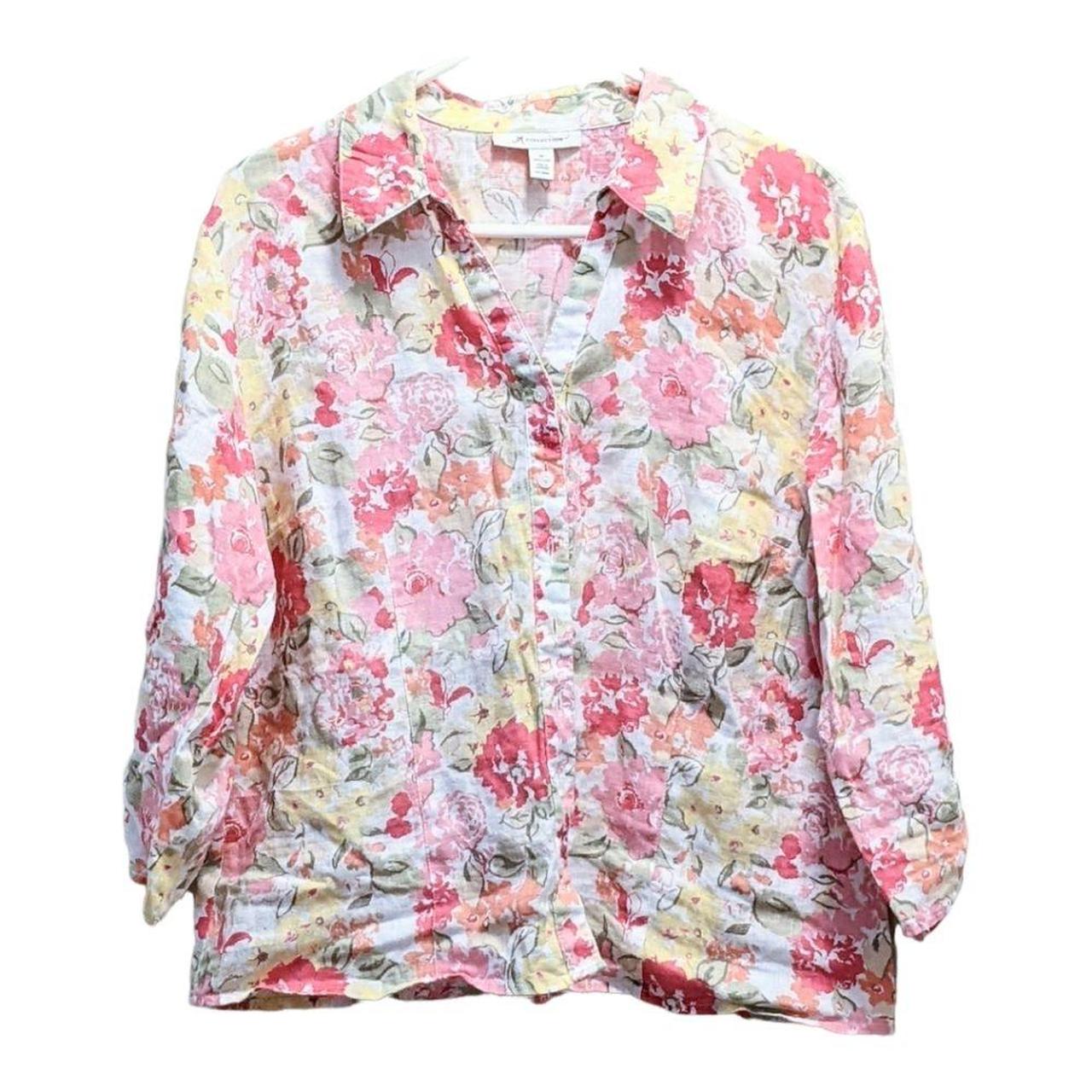 JM Collection Pink Floral Pure Linen 3/4 Sleeves... - Depop