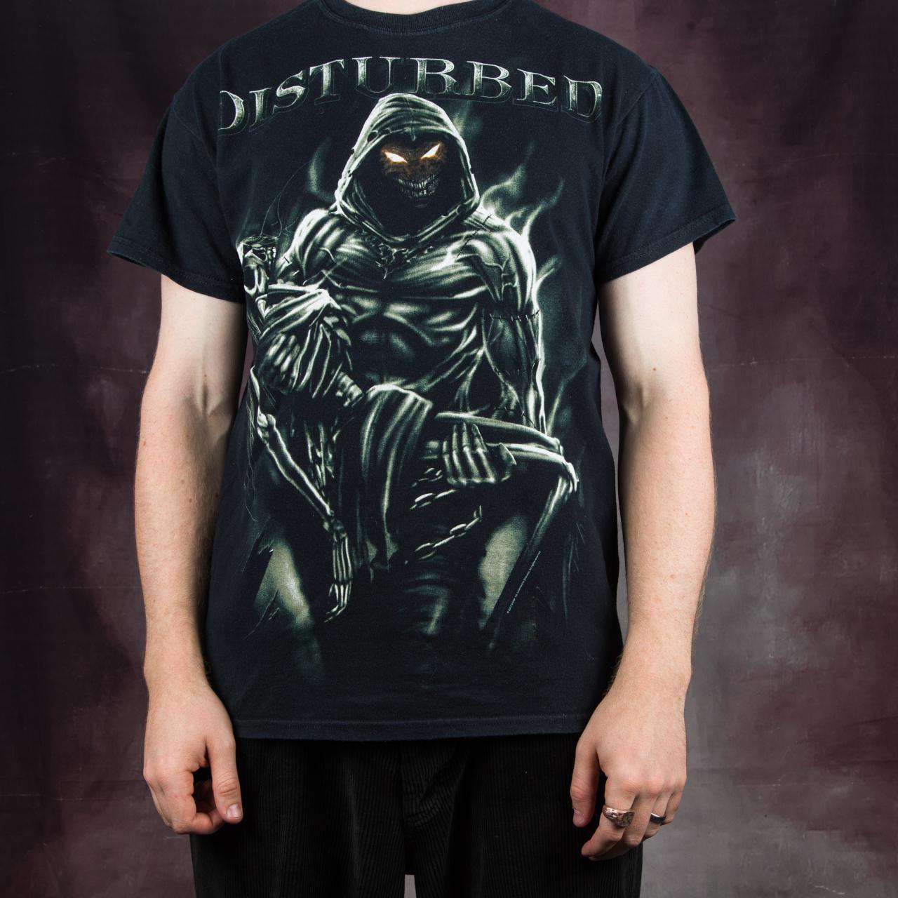 disturbed hooded demon skeleton metal tee // vintage... - Depop