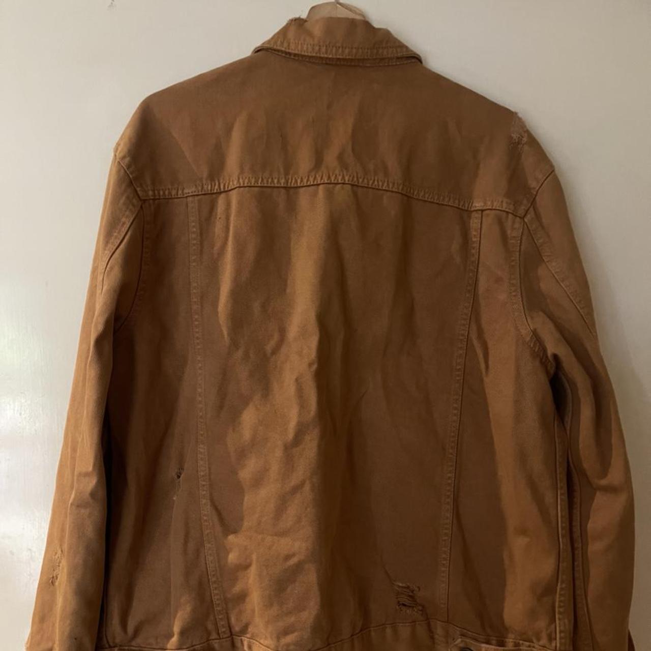 Mens distressed tobacco coloured denim jacket from... - Depop