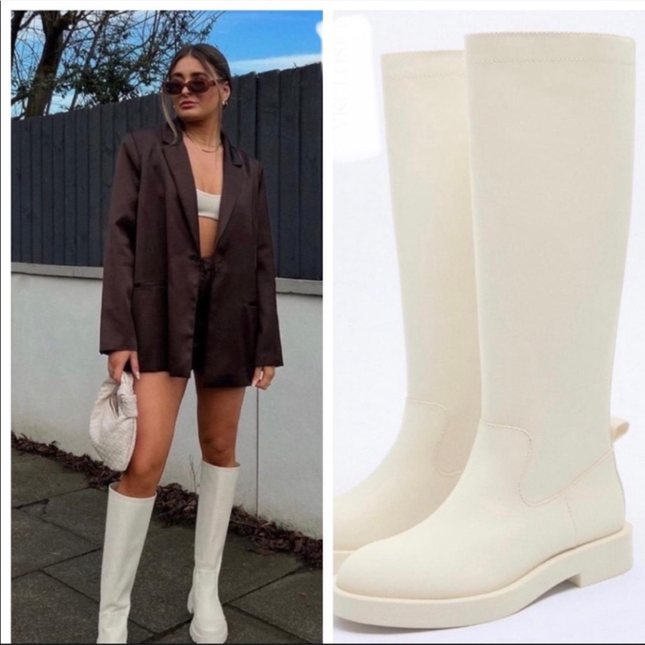 ZARA OFF WHITE RUBBERIZED KNEE HIGH BOOTS Size... - Depop