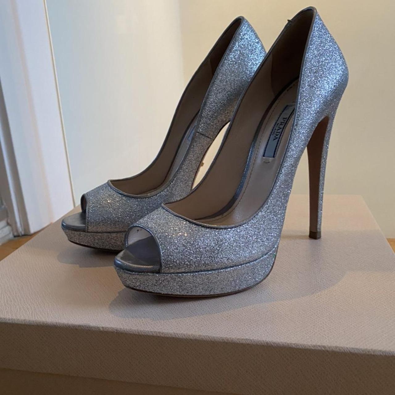 Prada silver heels Glitter Peep-toe platform pumps... - Depop