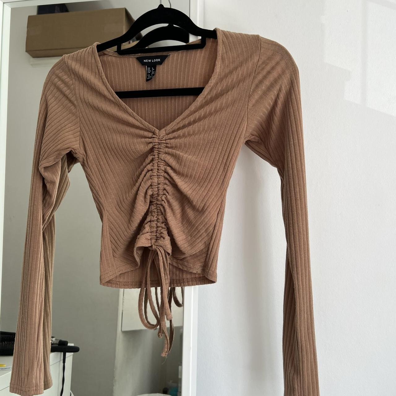 New Look - ruched ribbed camel crop top/long sleeve... - Depop