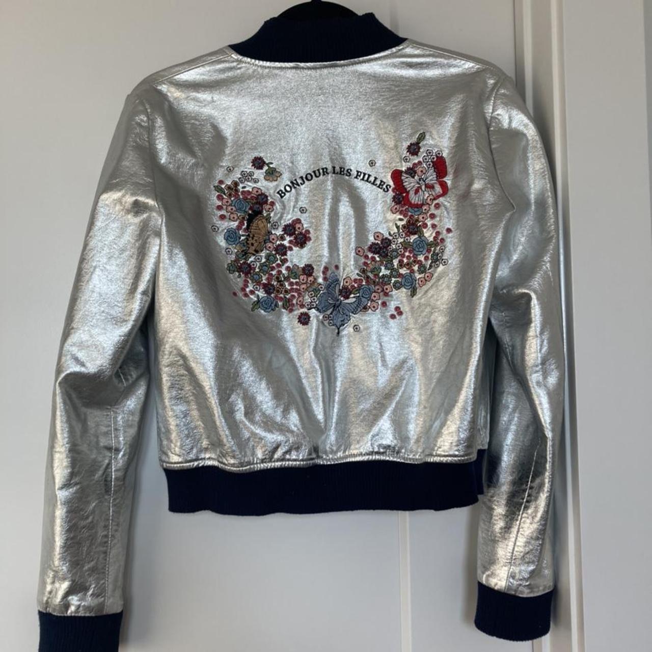 Silver metallic jackets , Navy accents with floral... - Depop