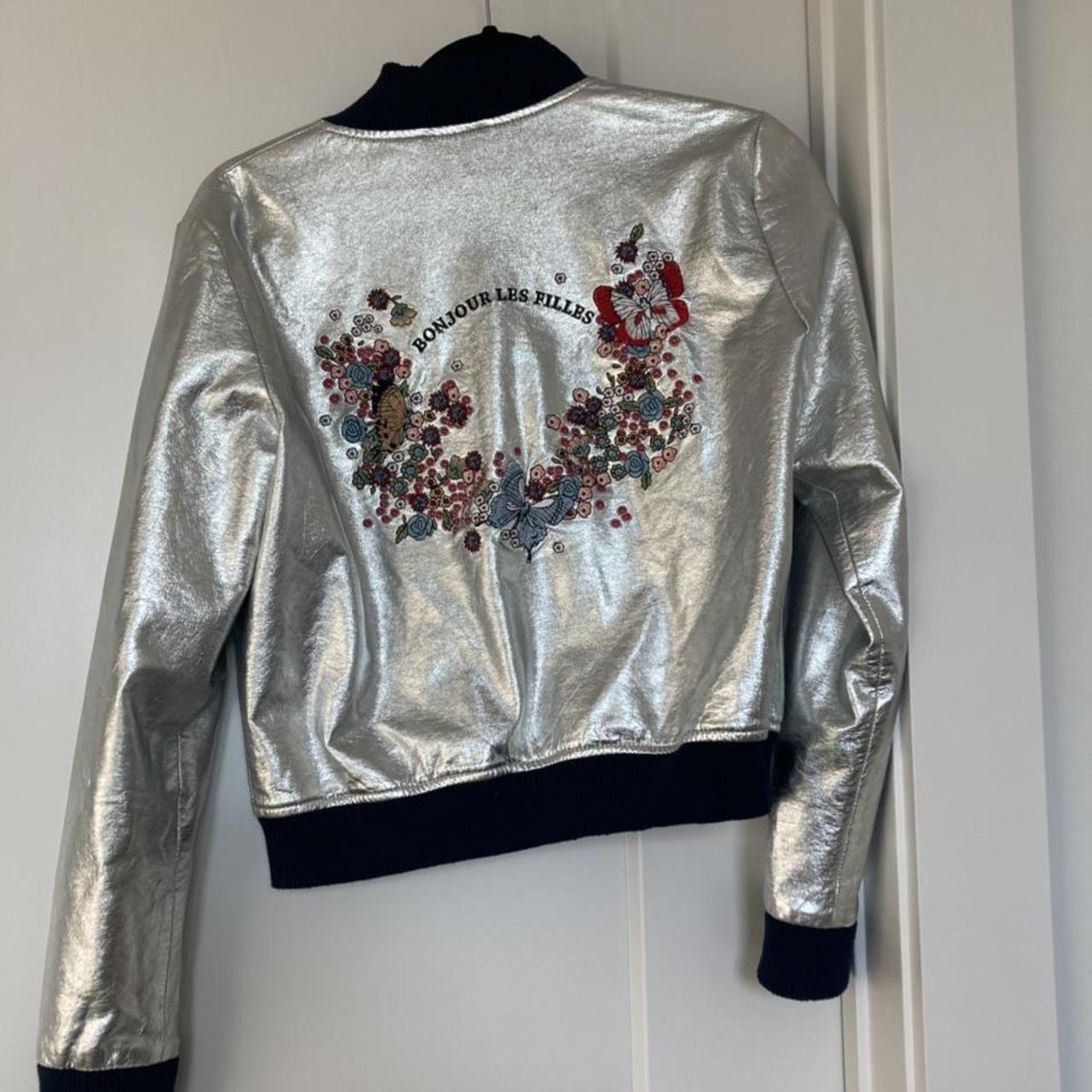 Silver metallic jackets , Navy accents with floral... - Depop