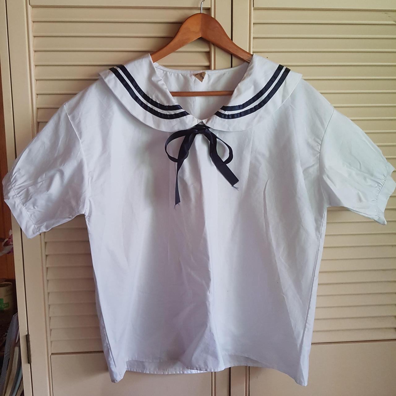Sailor white blouse, with navy blue ribbon... - Depop