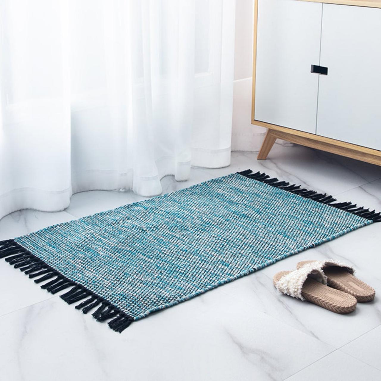 Handmade Teal Color Bohemian Rag Rug/Mat 100% Hand... - Depop