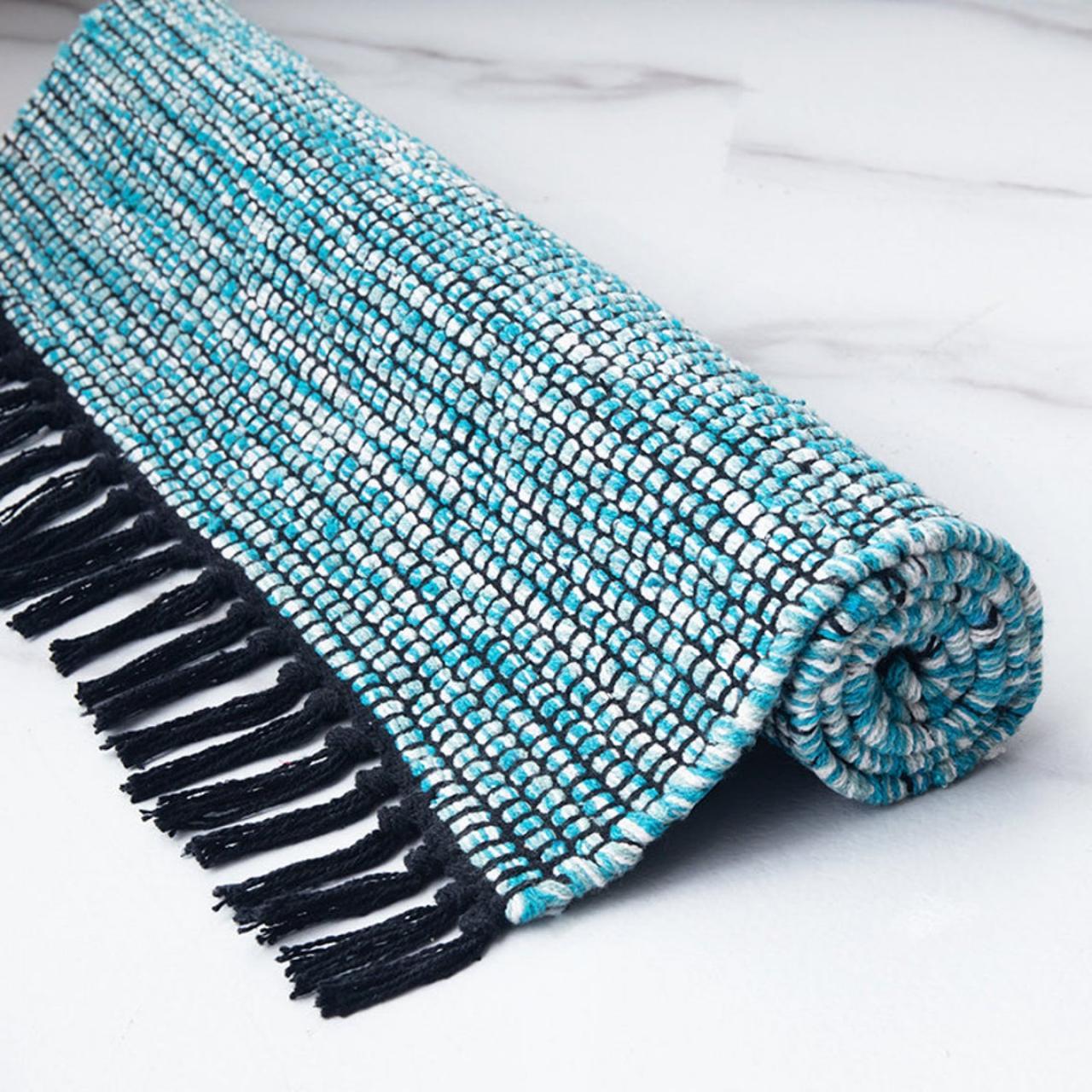 Handmade Teal Color Bohemian Rag Rug/Mat 100% Hand... - Depop