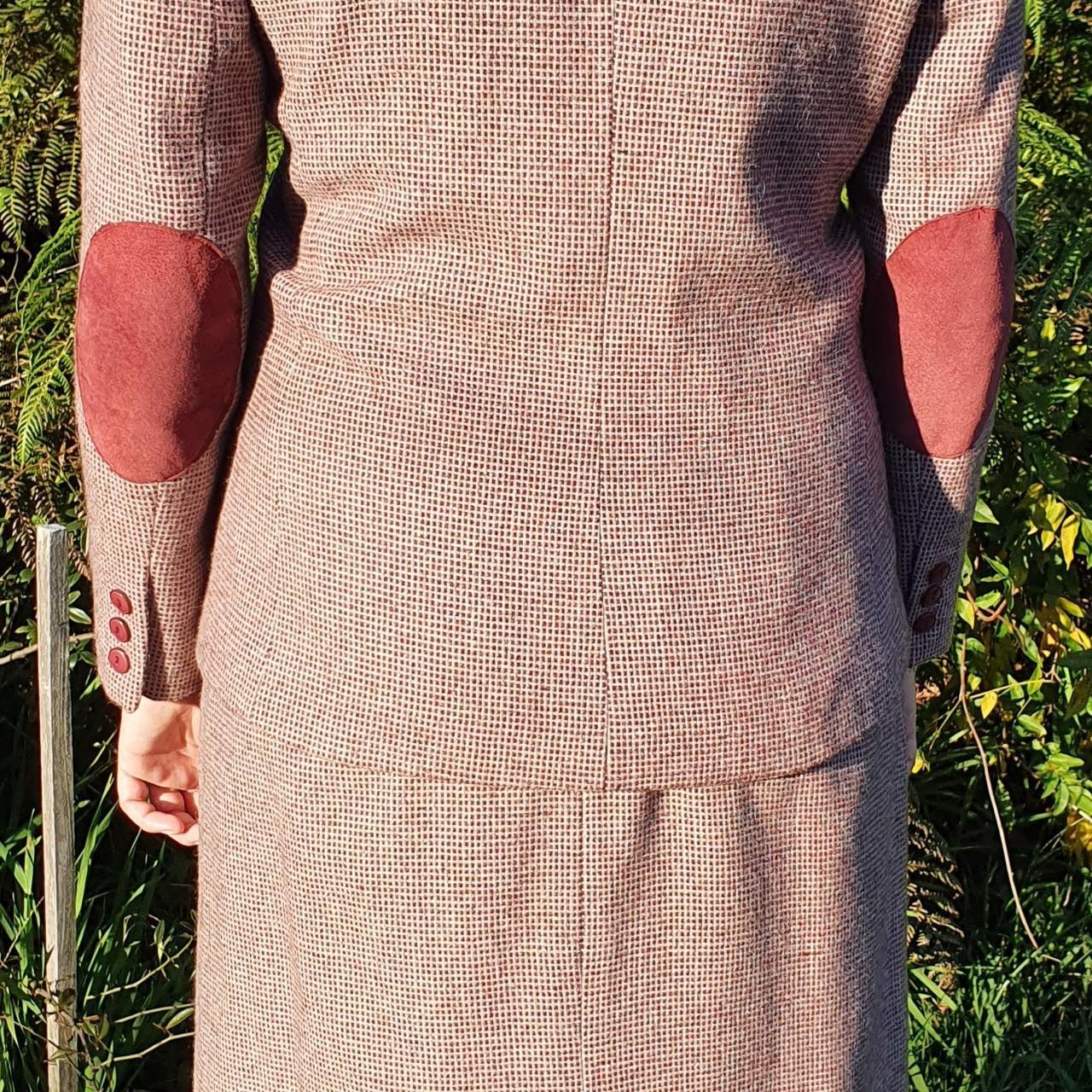 Plum fine check wool suit with suede detail... - Depop