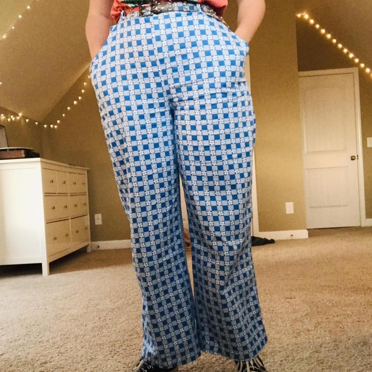 Funky floral blue pants -High waisted -Blue pants... - Depop