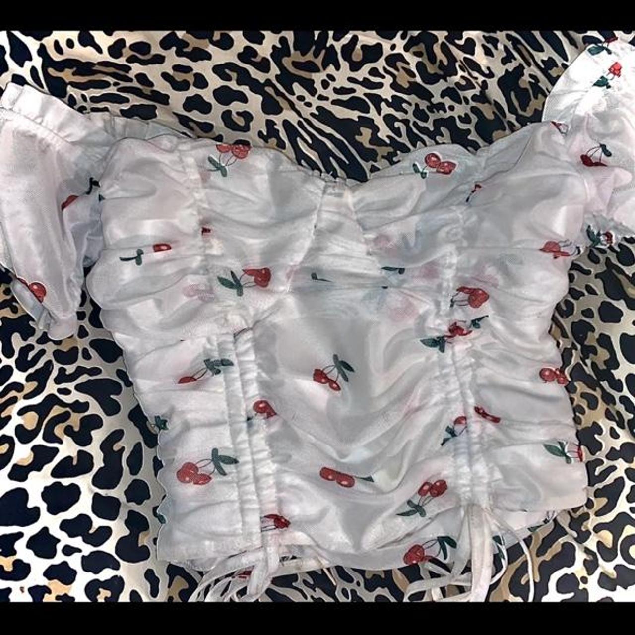 White cherry print crop top with two ties to make... - Depop