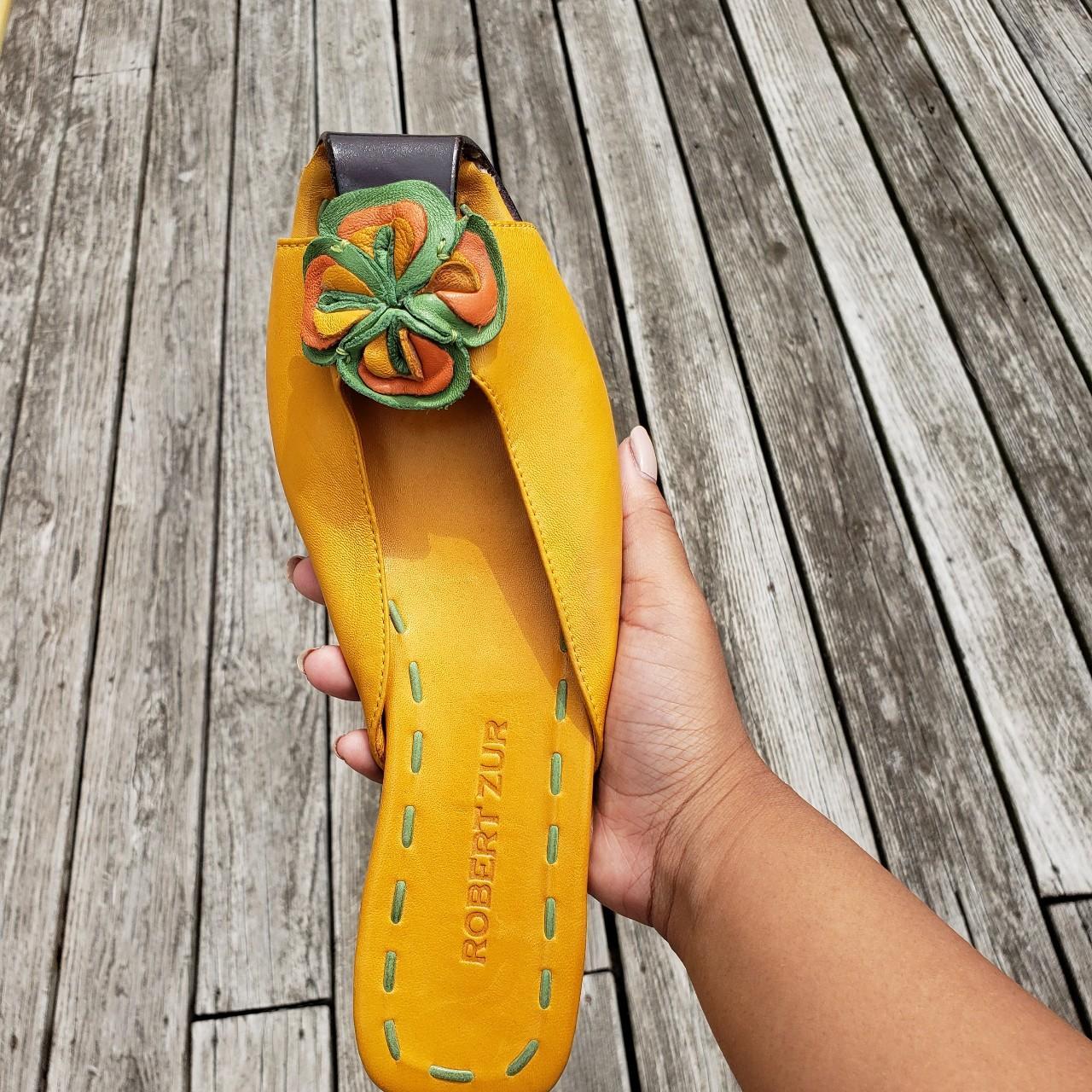 Yellow leather floral bump toe flat mule slide ... - Depop