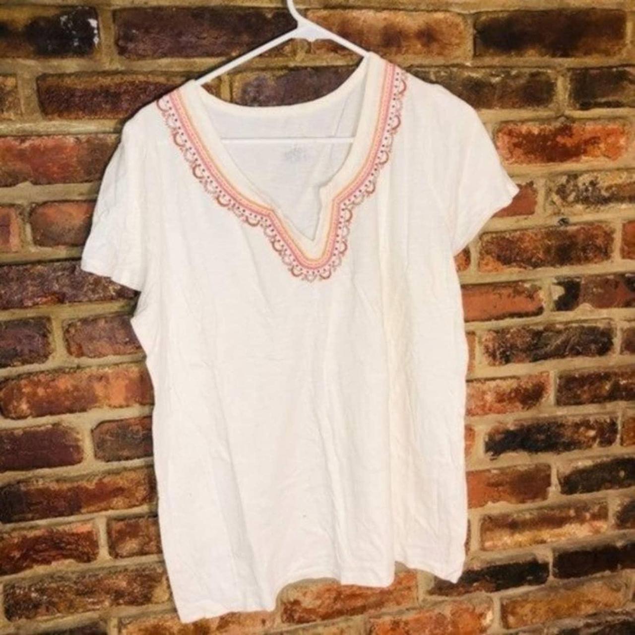 Merona Cream Embroidered V-Neck Short Sleeve T-Shirt... - Depop
