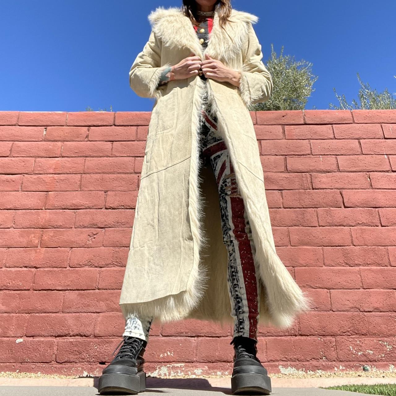 Suede Leather maxi duster jacket with faux fur hair... - Depop