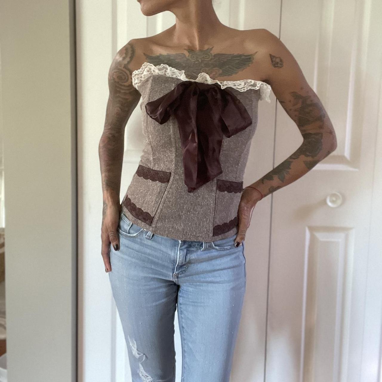 032c Women's Burgundy and Grey Corset | Depop