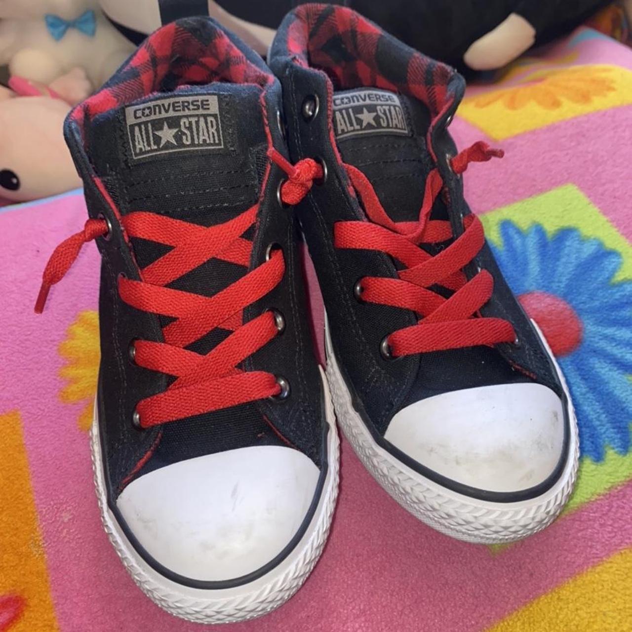 Size JR 4 red flannel plaid converse Some scuffs on... - Depop