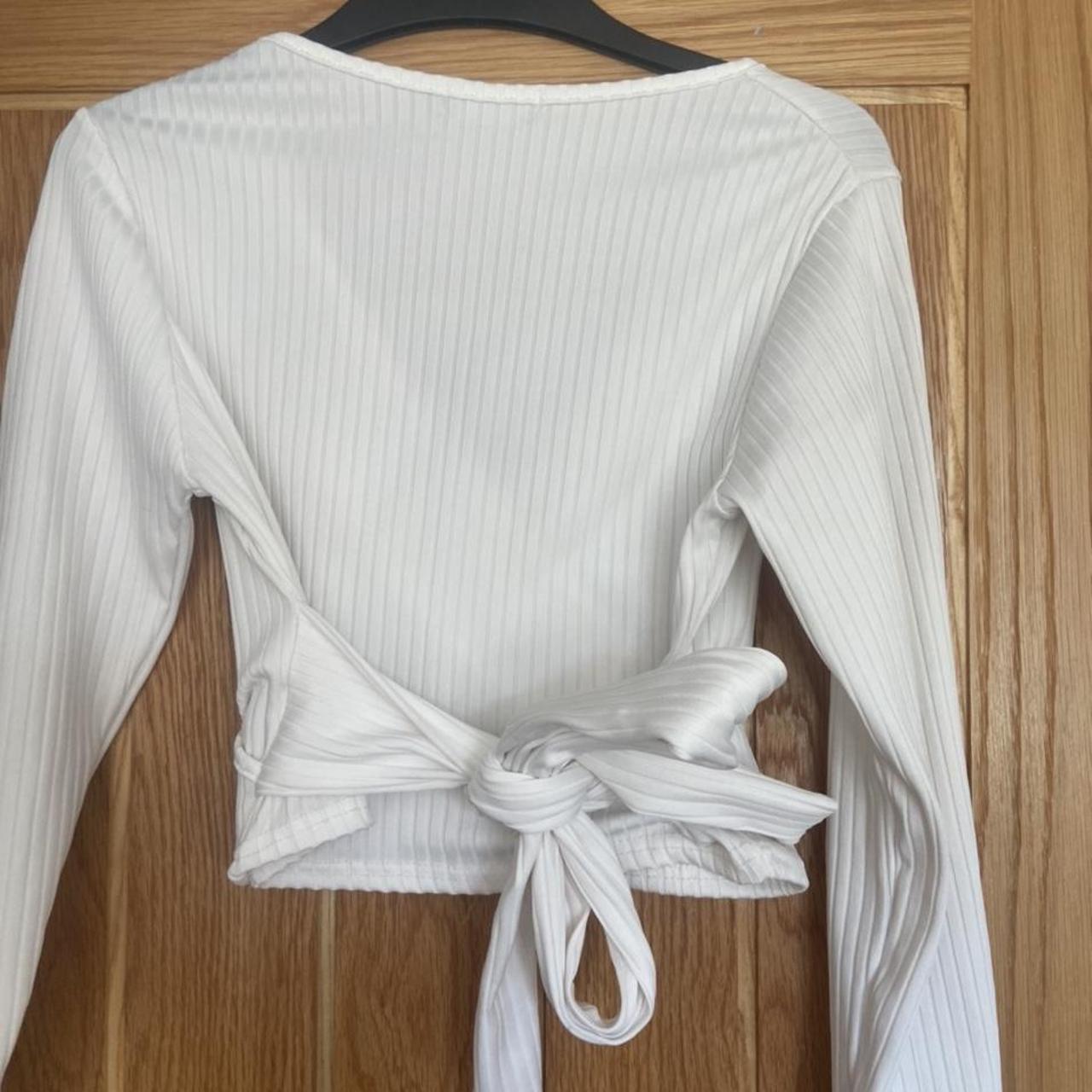 Pretty Little Thing white ribbed long sleeve tie... - Depop