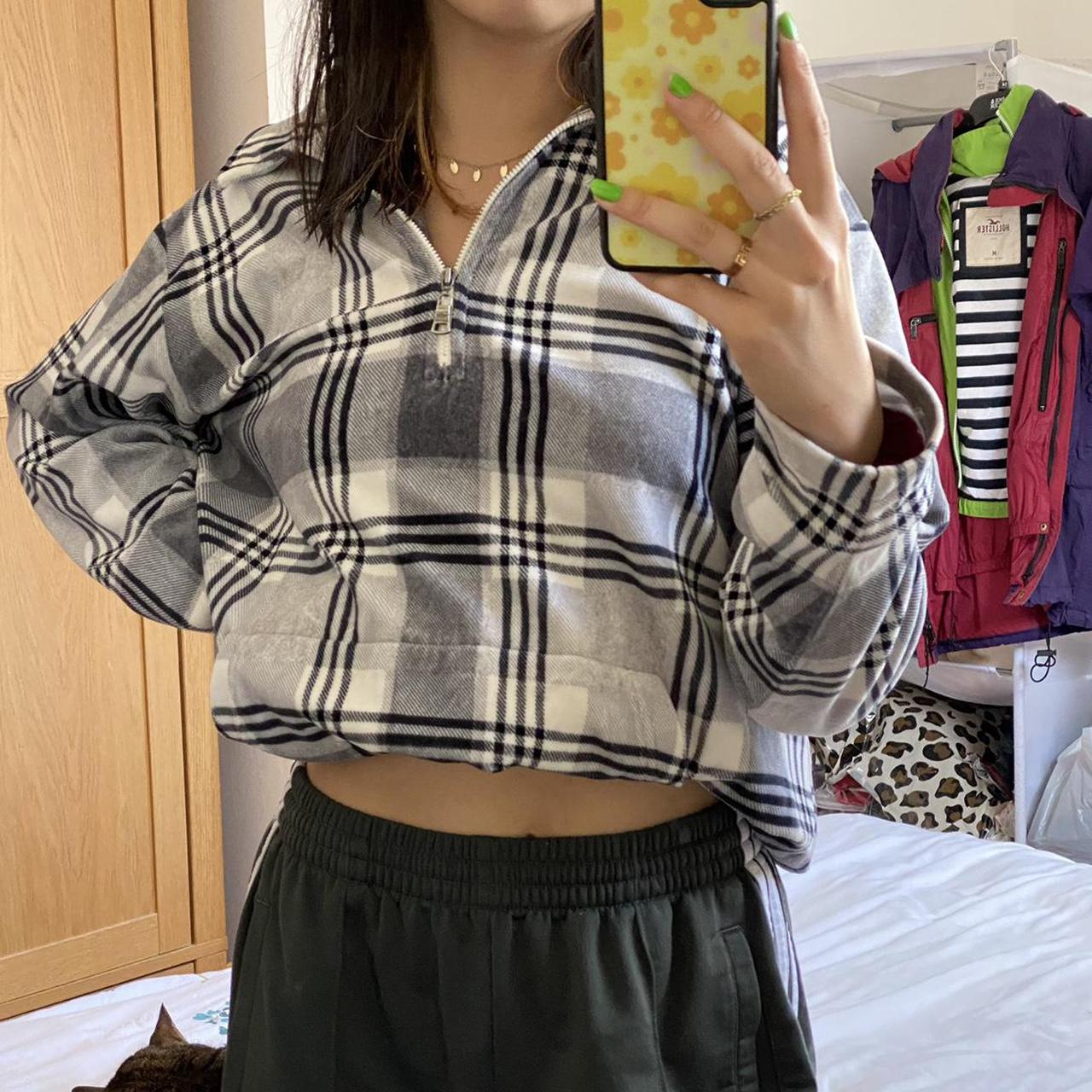 black and white checkered quarter zip soft, fleece... - Depop