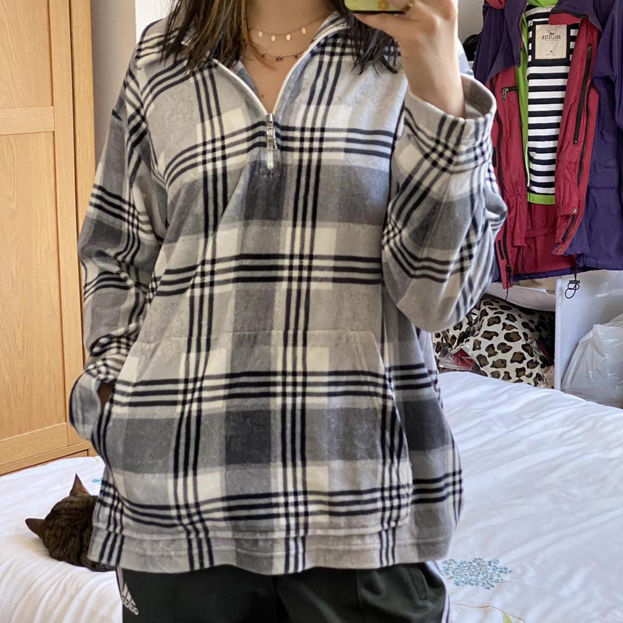 black and white checkered quarter zip soft, fleece... - Depop