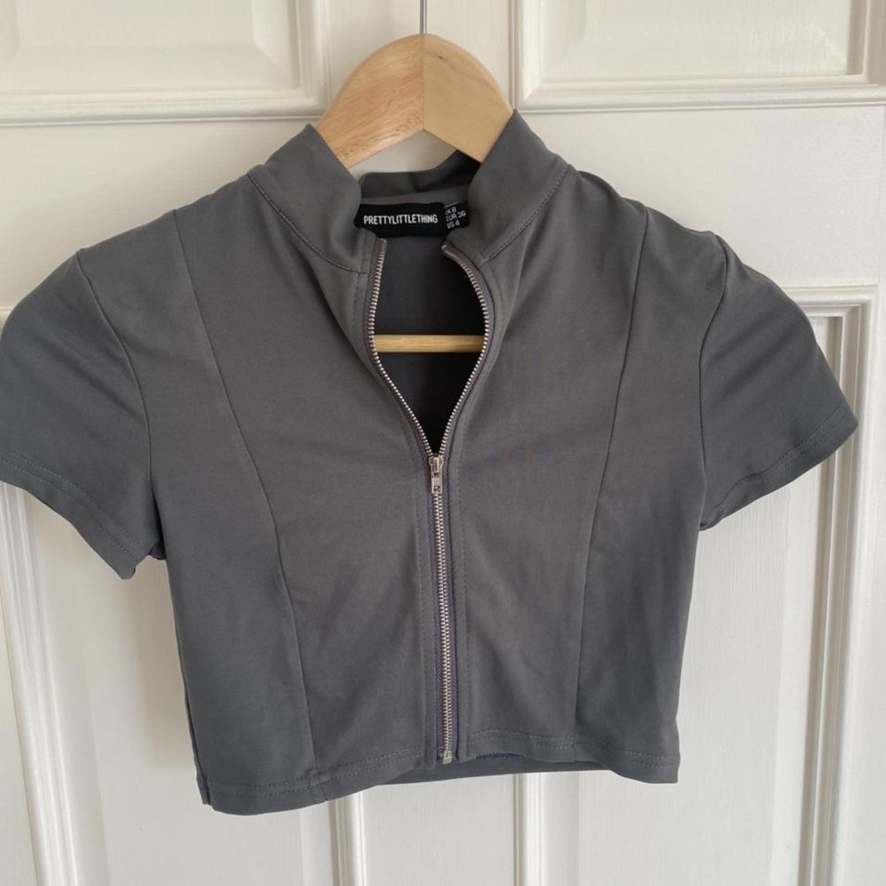 PLT sport zip up grey women’s fitted crop top.... - Depop