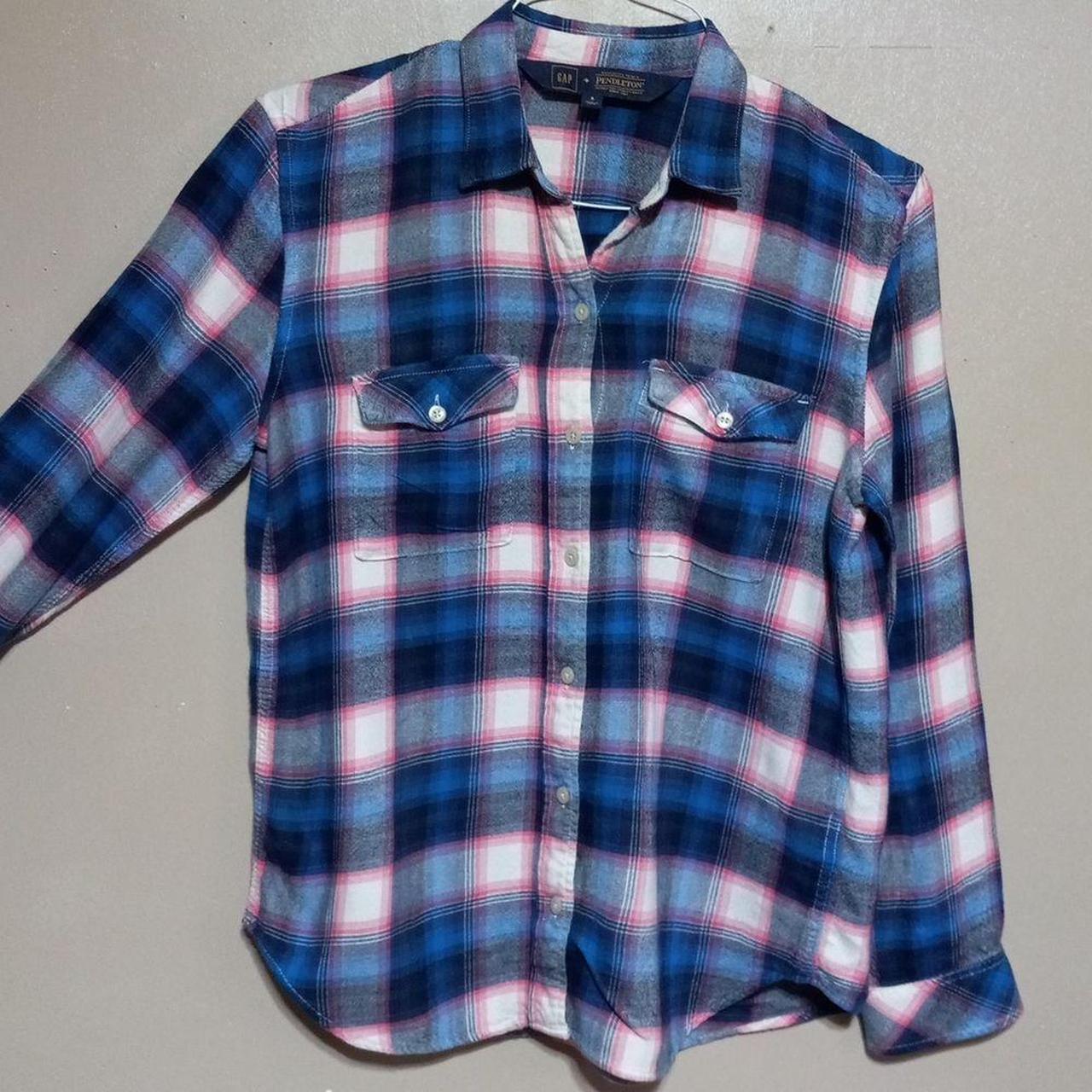 GAP + Pendleton pink blue plaid rain viscose button... - Depop