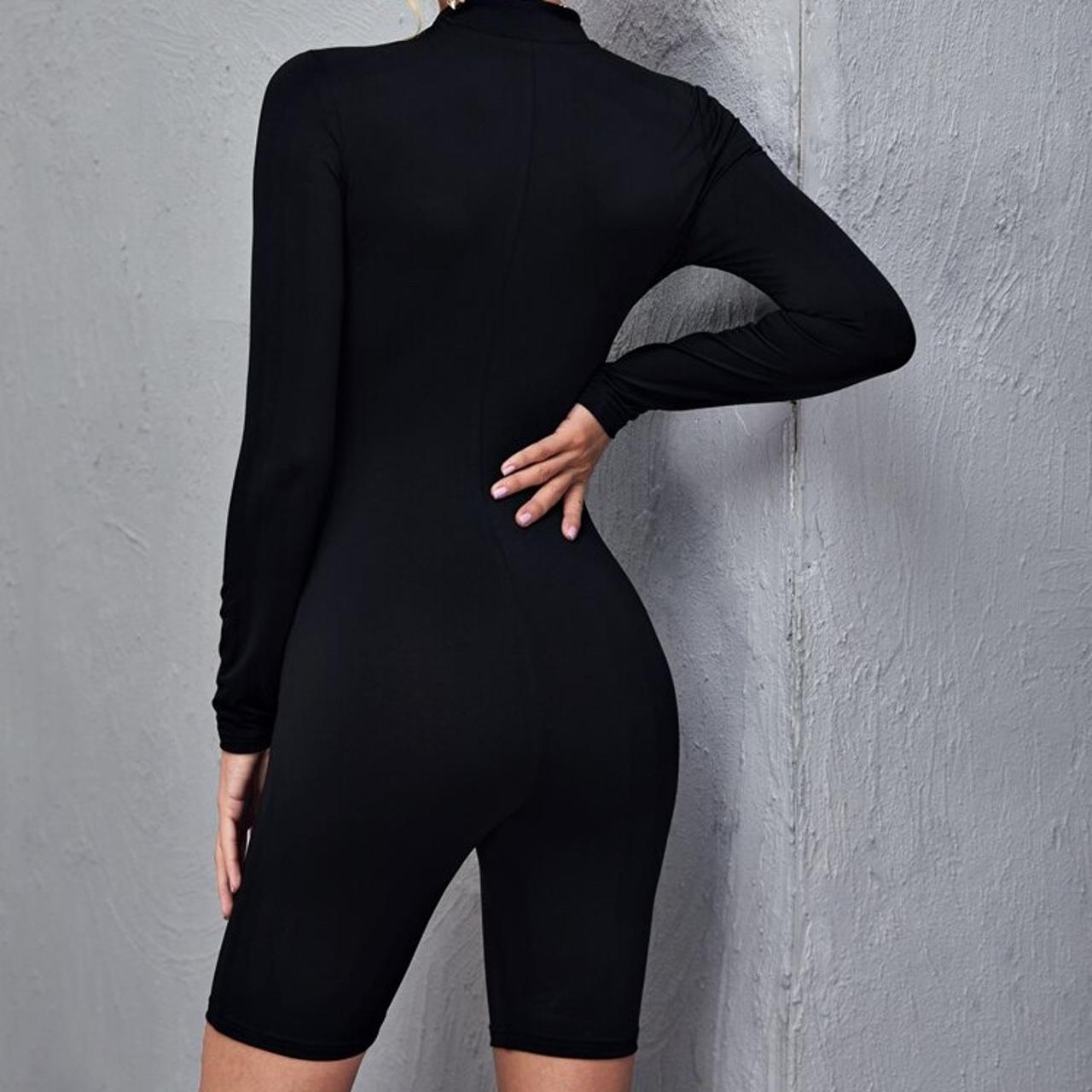 mock-neck zip up unitard romper great soft material... - Depop