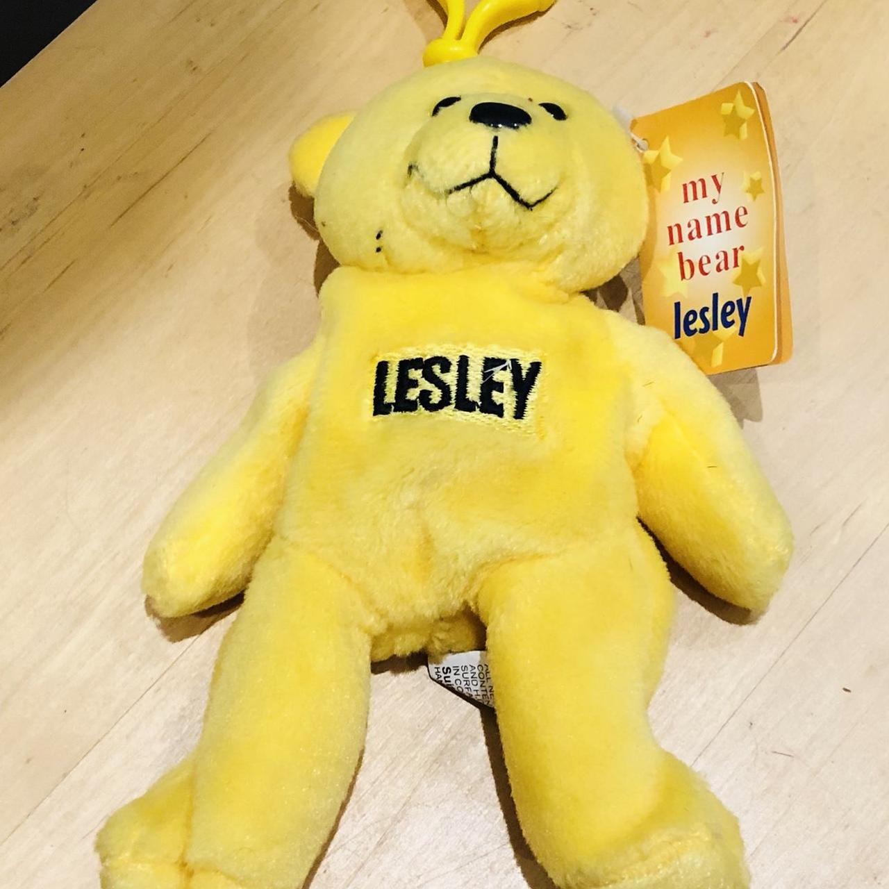 Cute furry yellow bear soft toy with ‘Lesley’ on... - Depop