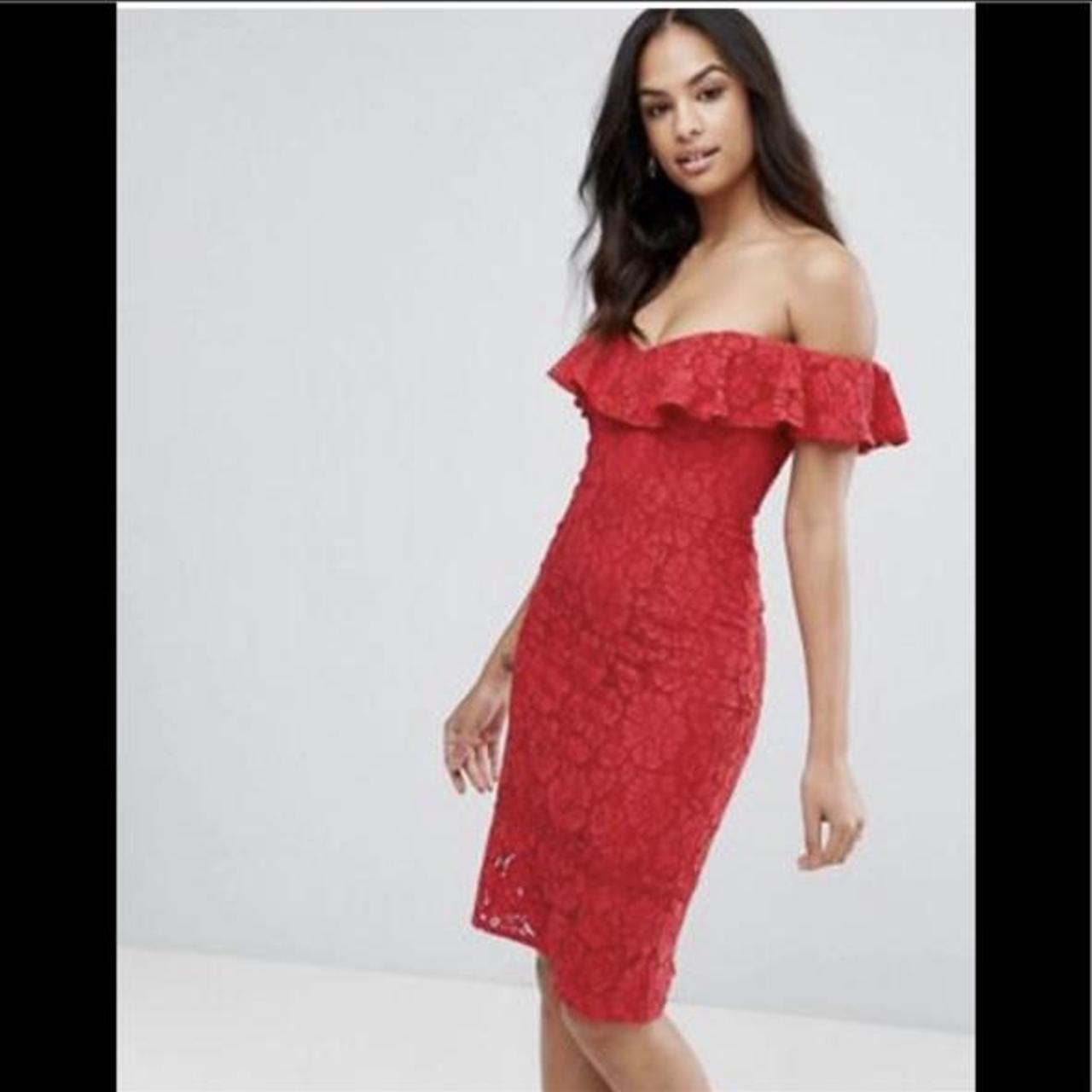 Little Mistress Red Lace Pencil Dress With Frill Depop