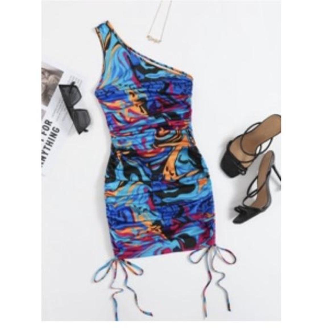 BLUE/orange/pink abstract, one shoulder drawstring... - Depop