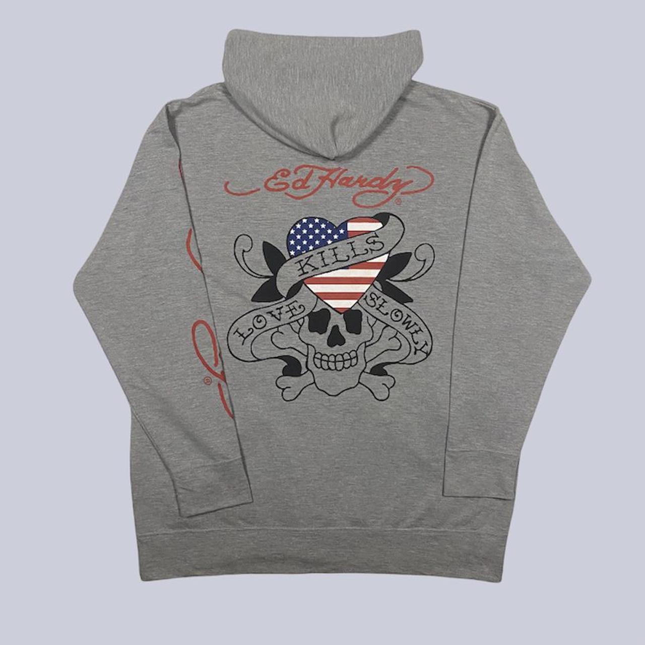 Ed Hardy Hoodie Grey with printed logo and front... - Depop