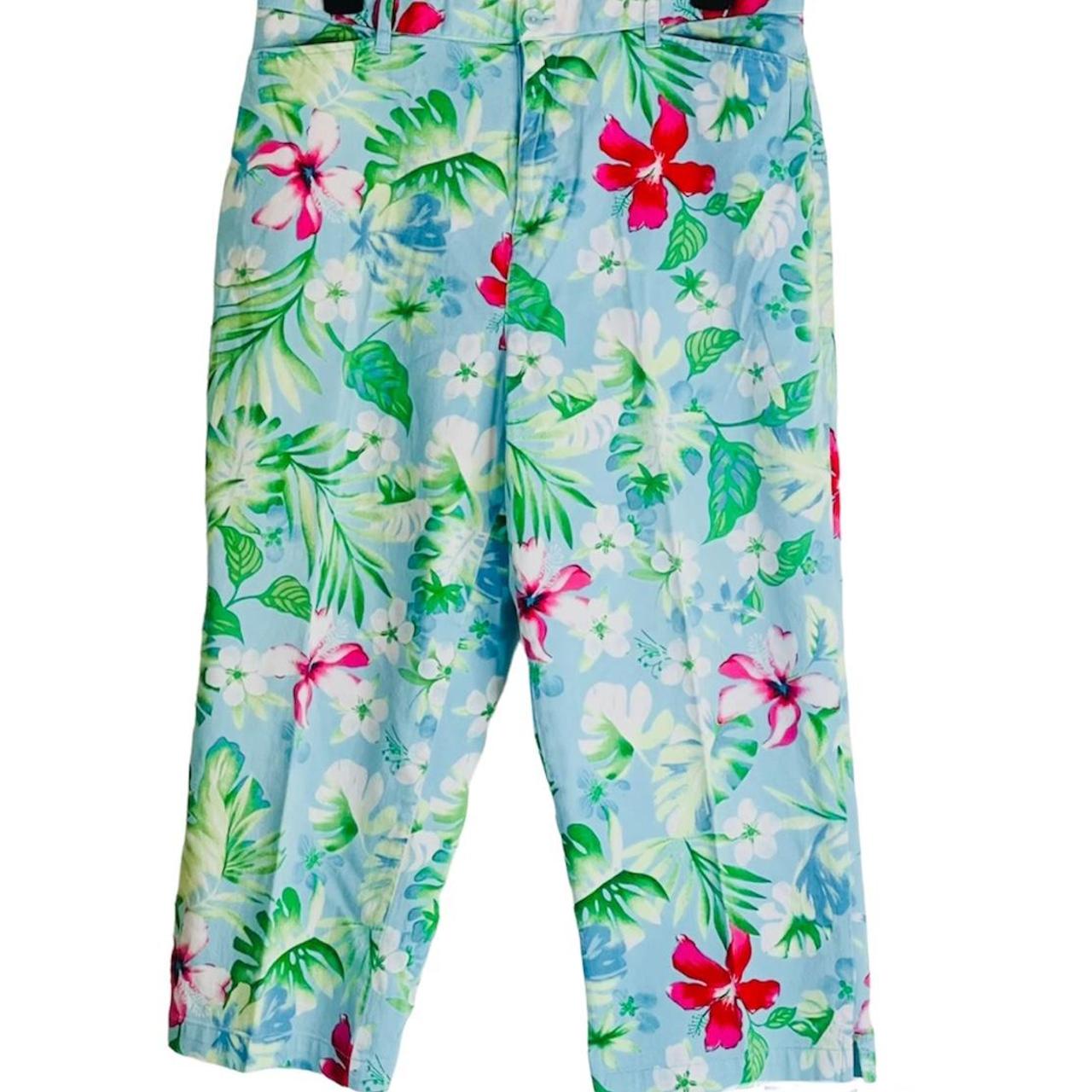 ERIKA Capri Pants Pink Hibiscus Hawaiian Floral on... - Depop