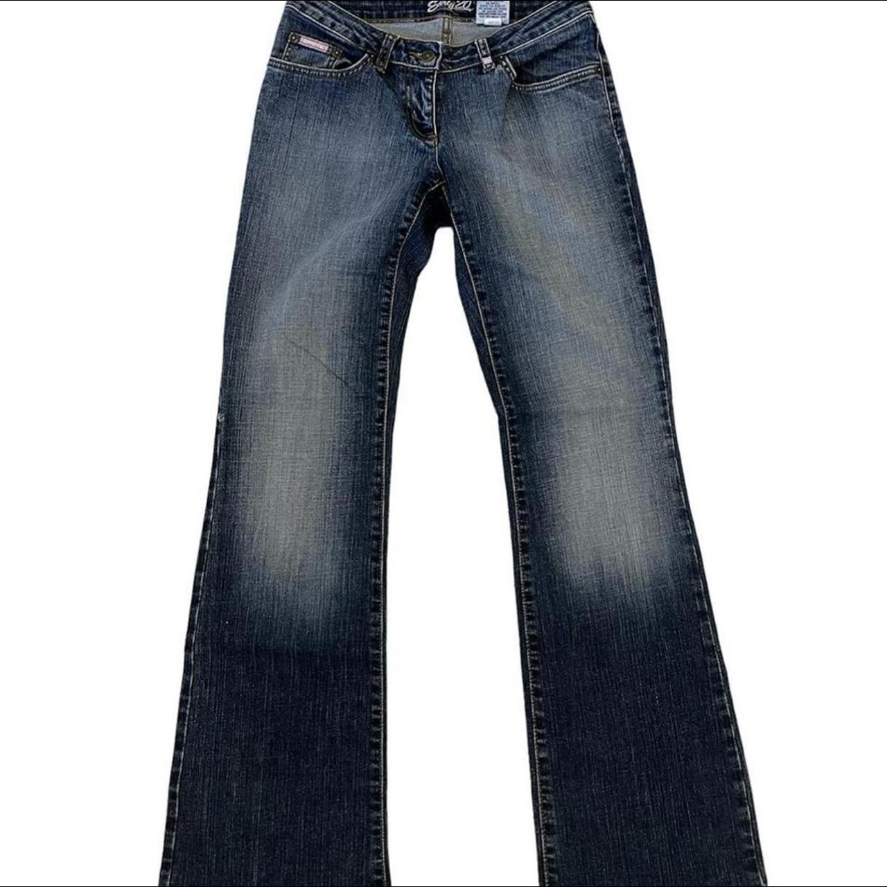 vintage y2k jeans with embroidered text on the... - Depop