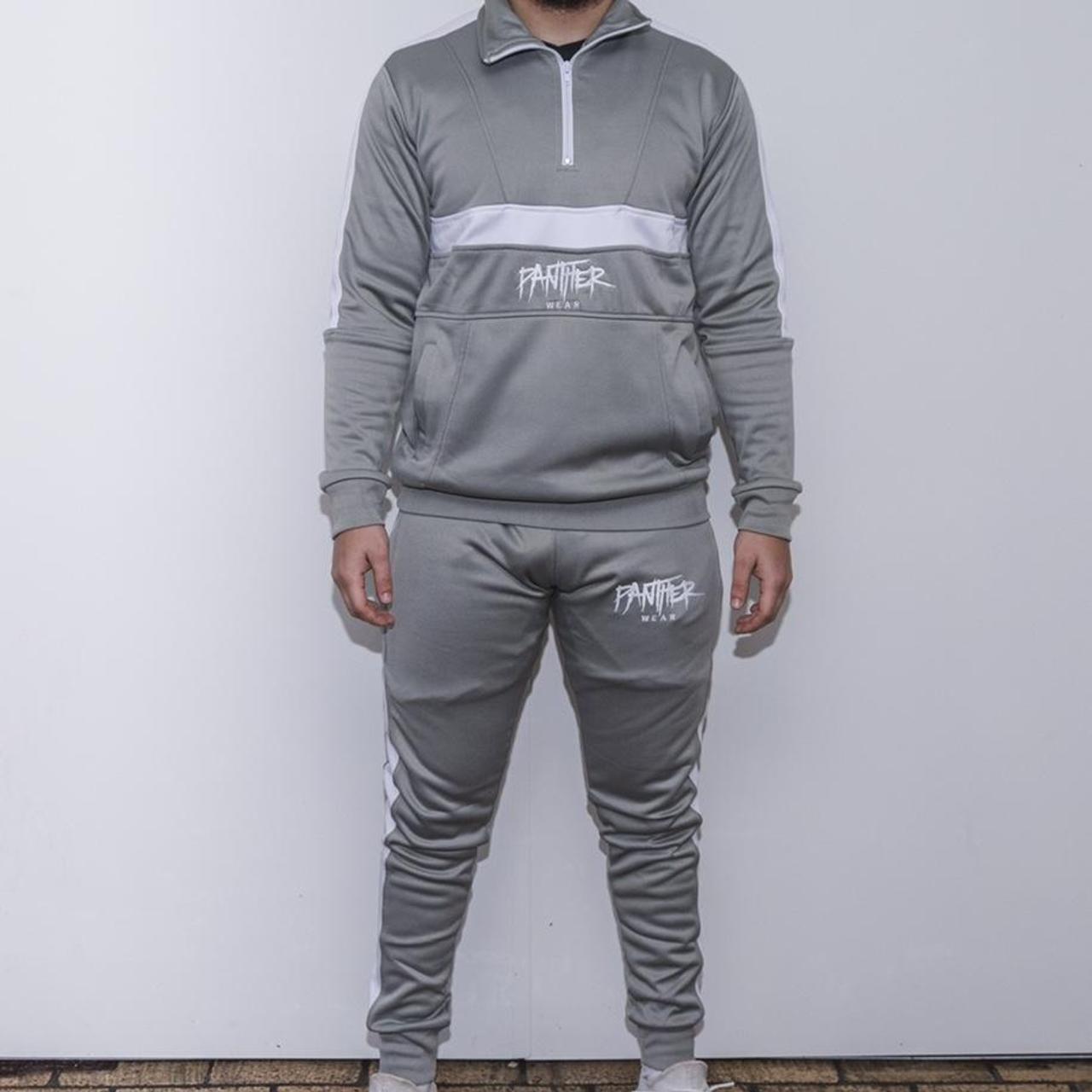 Pantherwear gotti mens tracksuit set - grey/white... - Depop