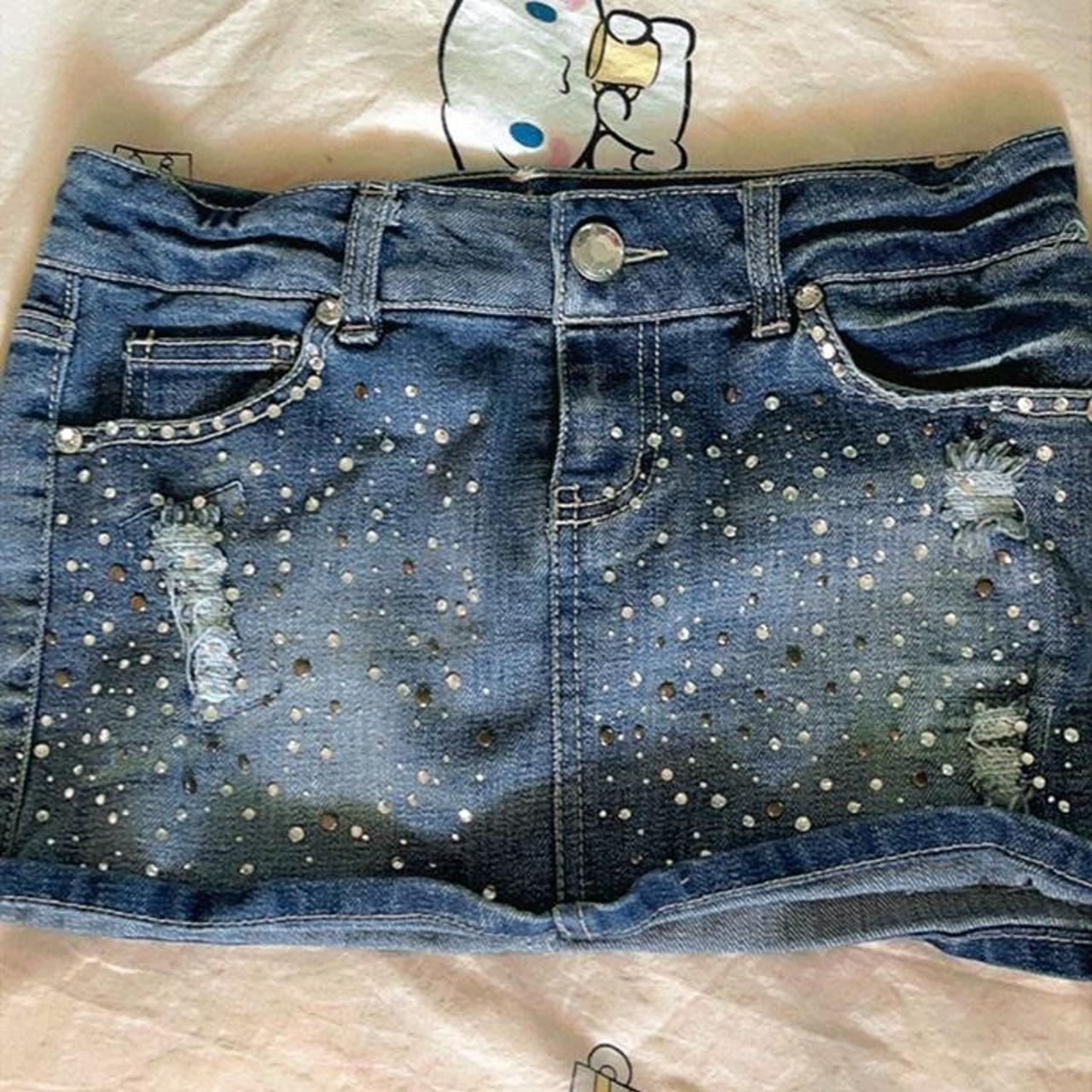 *+ Wallflower Y2K denim skirt with rhinestones... - Depop