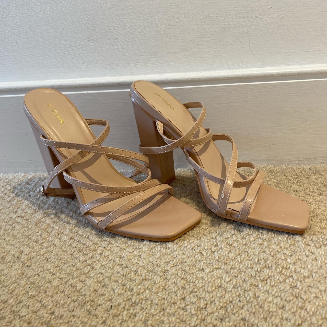 PRETTY LITTLE THING NUDE BLOCK HEELS SQUARE... - Depop