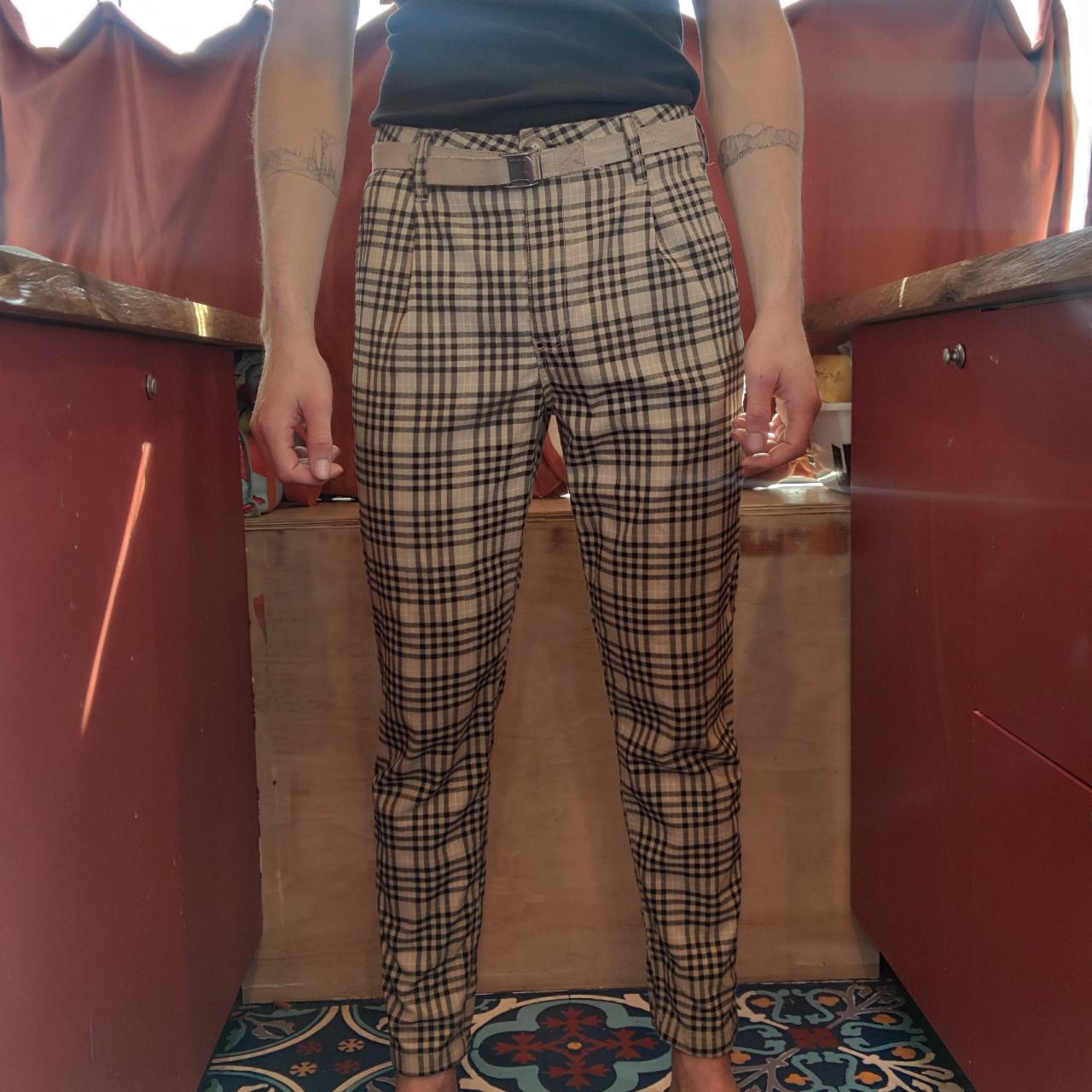 Tapered Slim Fit Check Pants. Grey base, black... - Depop