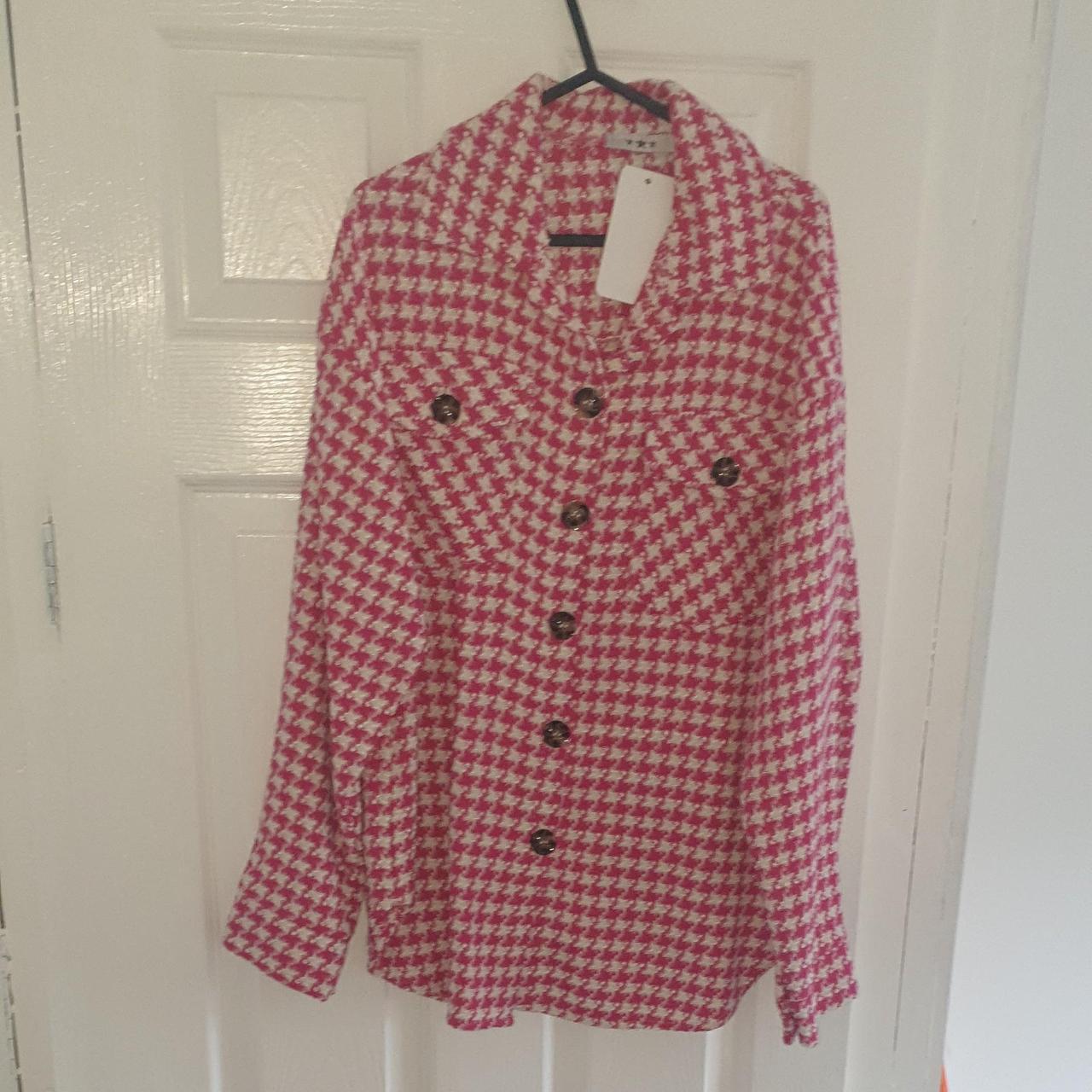 Pink and white checked shacket. One size fits 6-14... - Depop
