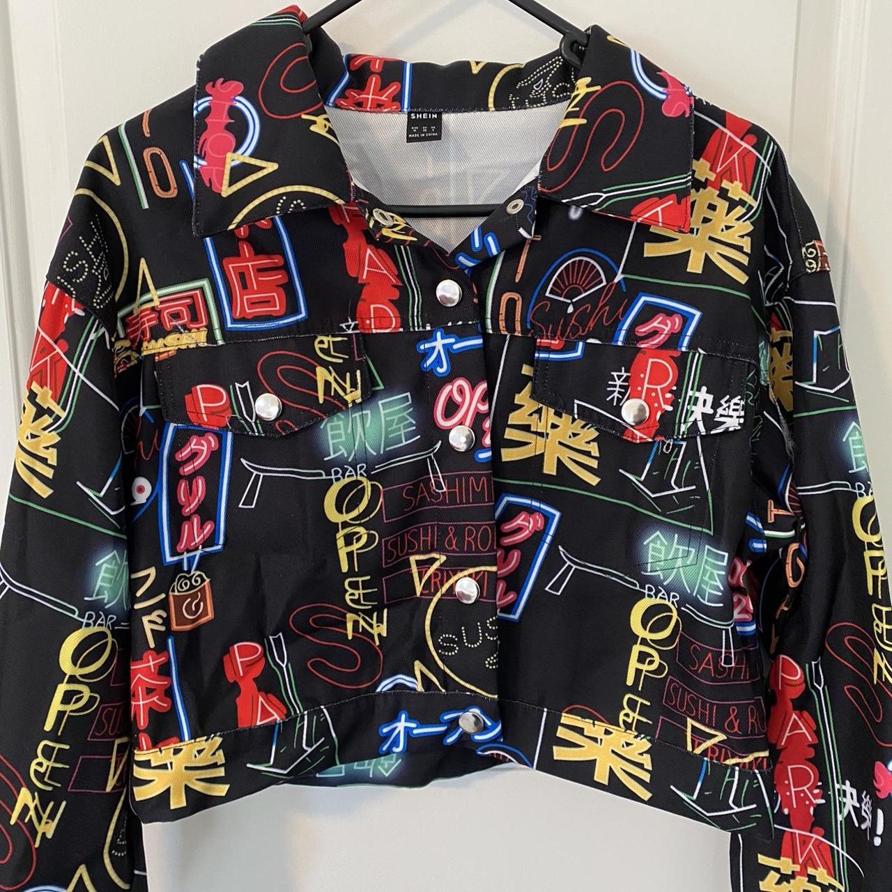 SHEIN retro Japanese neon inspired denim feel jacket... - Depop
