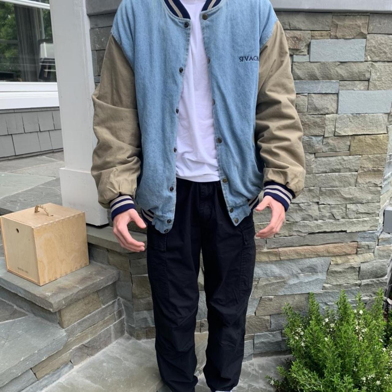 90s Denim Bomber Varsity Jacket. Super dope graphic... - Depop