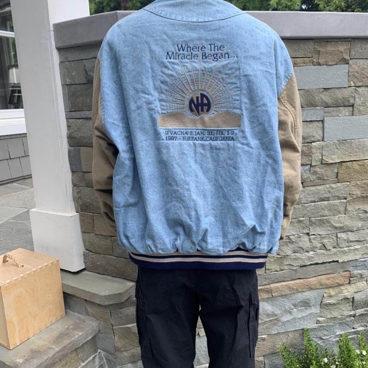 90s Denim Bomber Varsity Jacket. Super dope graphic... - Depop