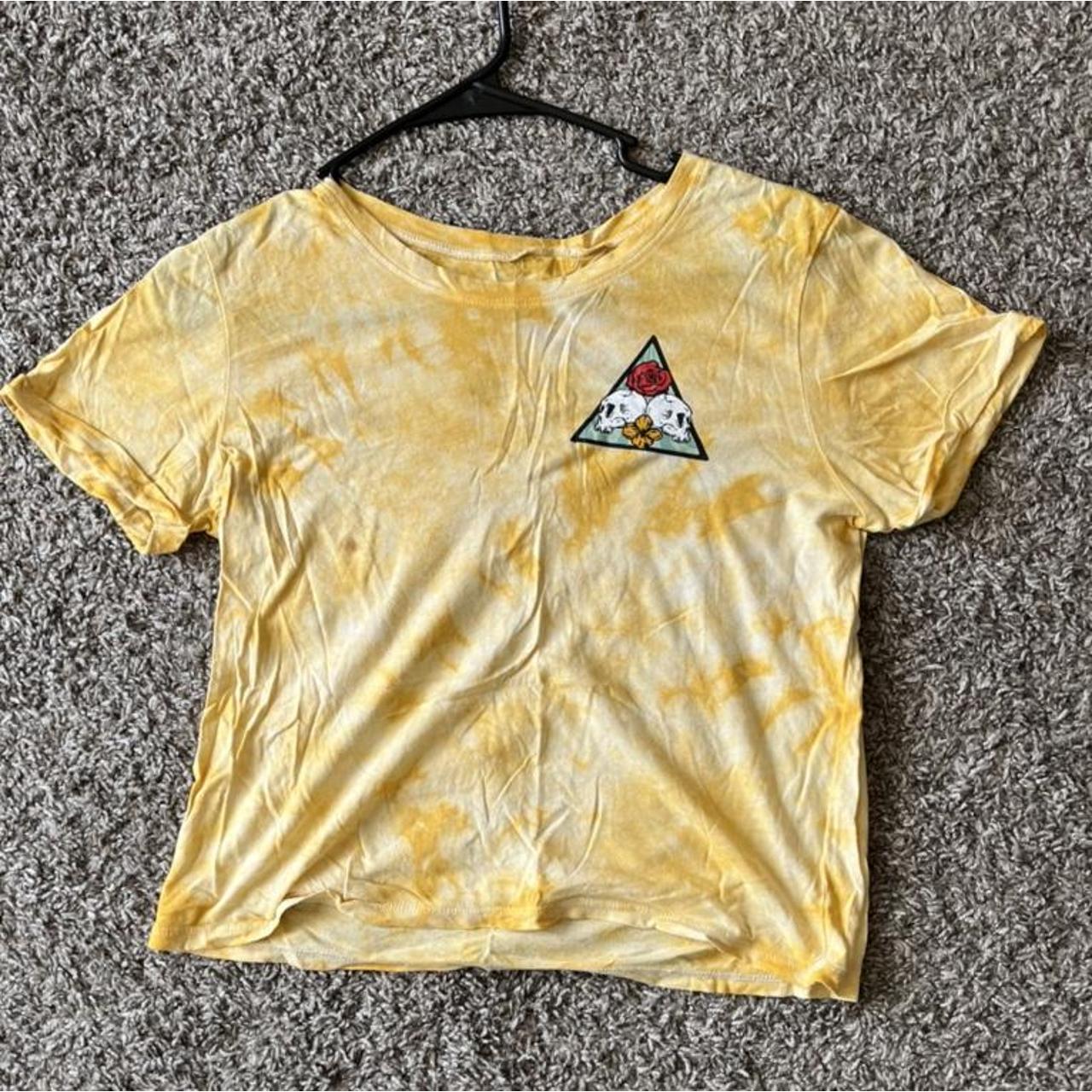 Yellow tie-dye tee shirt with skulls and flowers... - Depop