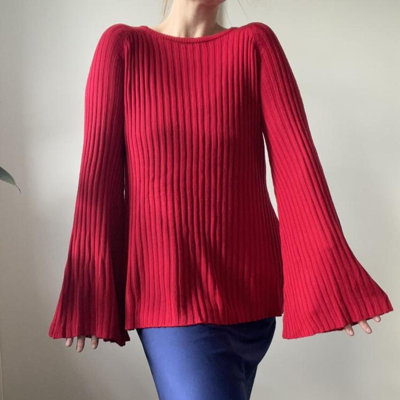 Bright red knitted top with long flared sleeves. So... - Depop