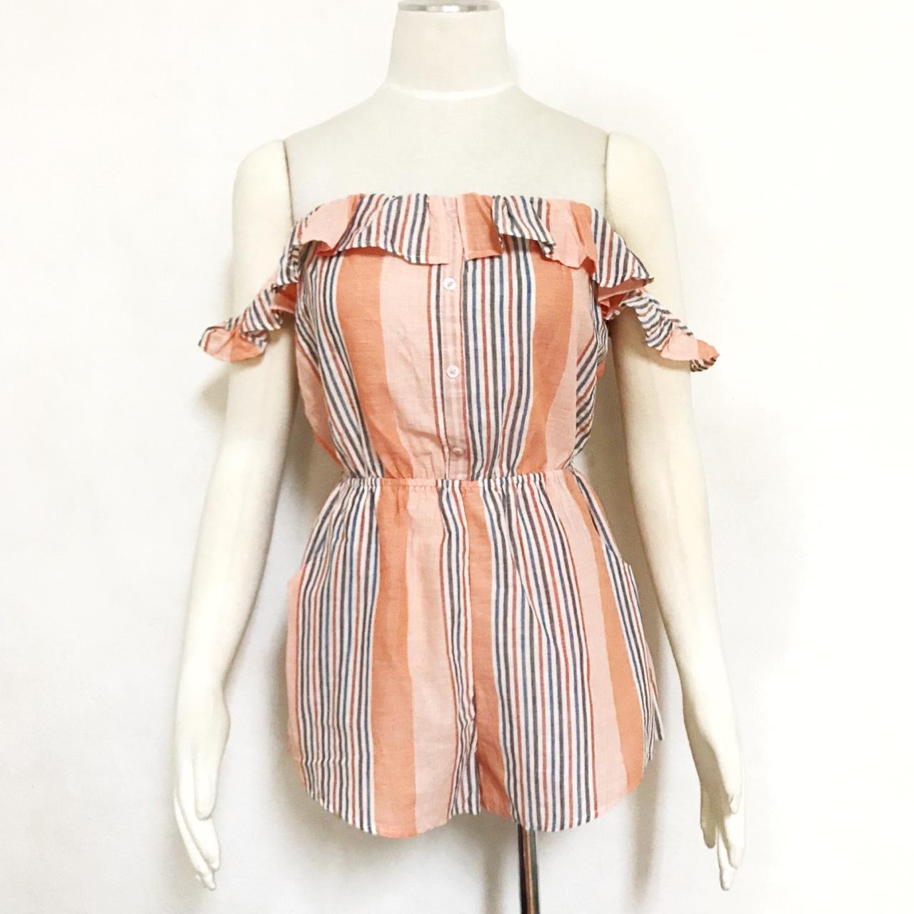 Off shoulder striped boho retro romper with front... - Depop