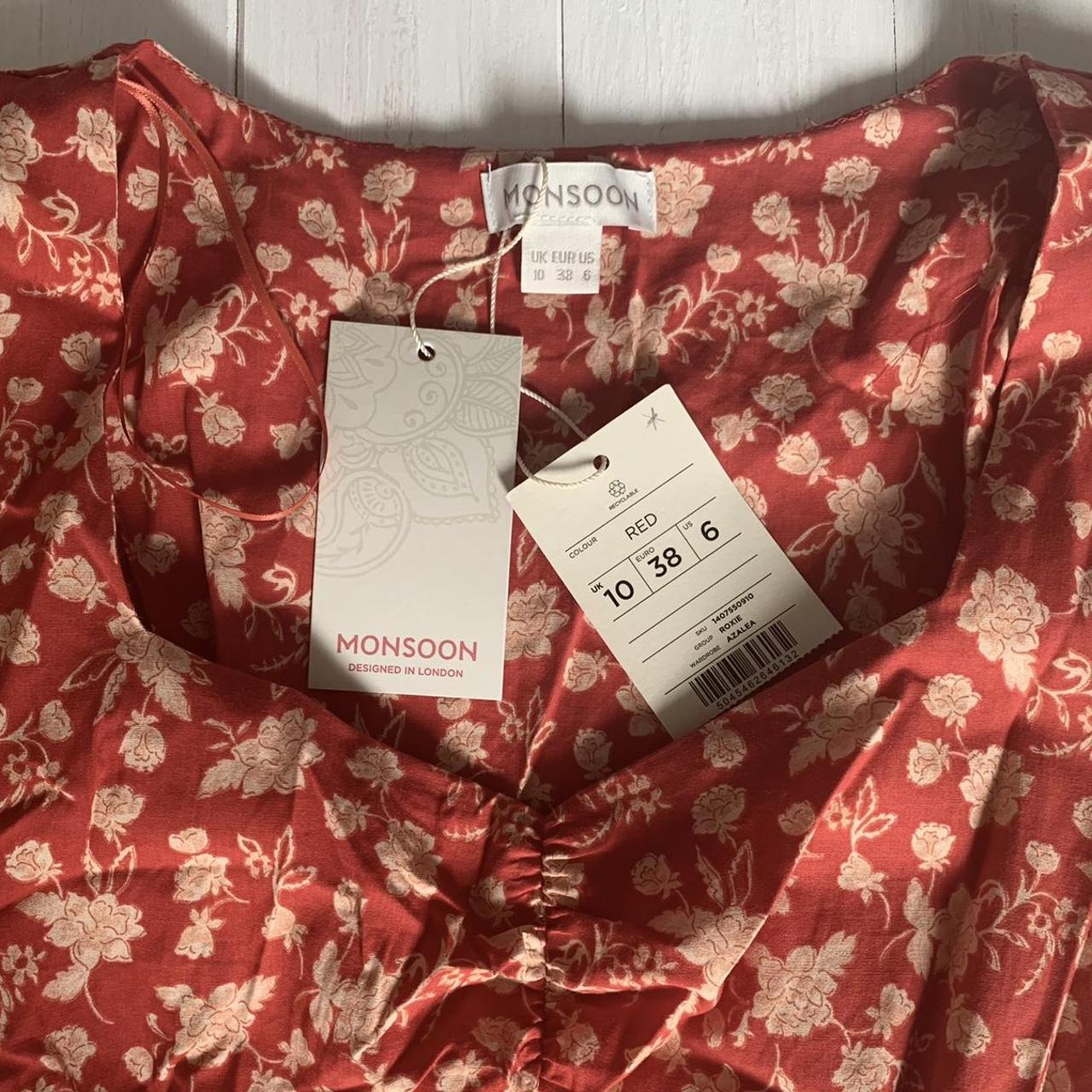 Monsoon red floral print tiered midi dress 🌼 with... - Depop