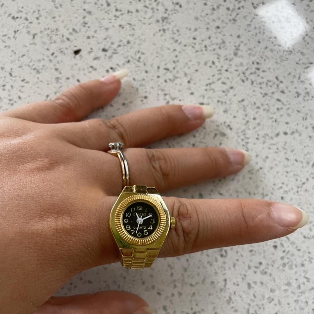 Gold watch ring with black face finger ring... - Depop