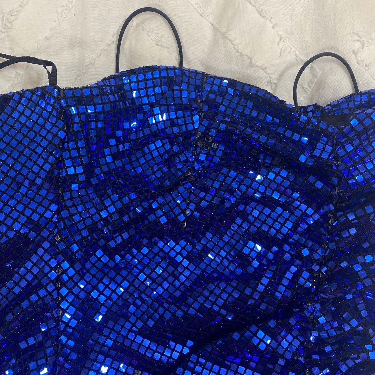 zara blue sequin ruched mini dress a few defects,... - Depop