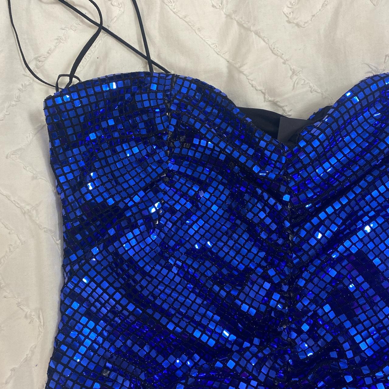 zara blue sequin ruched mini dress a few defects,... - Depop