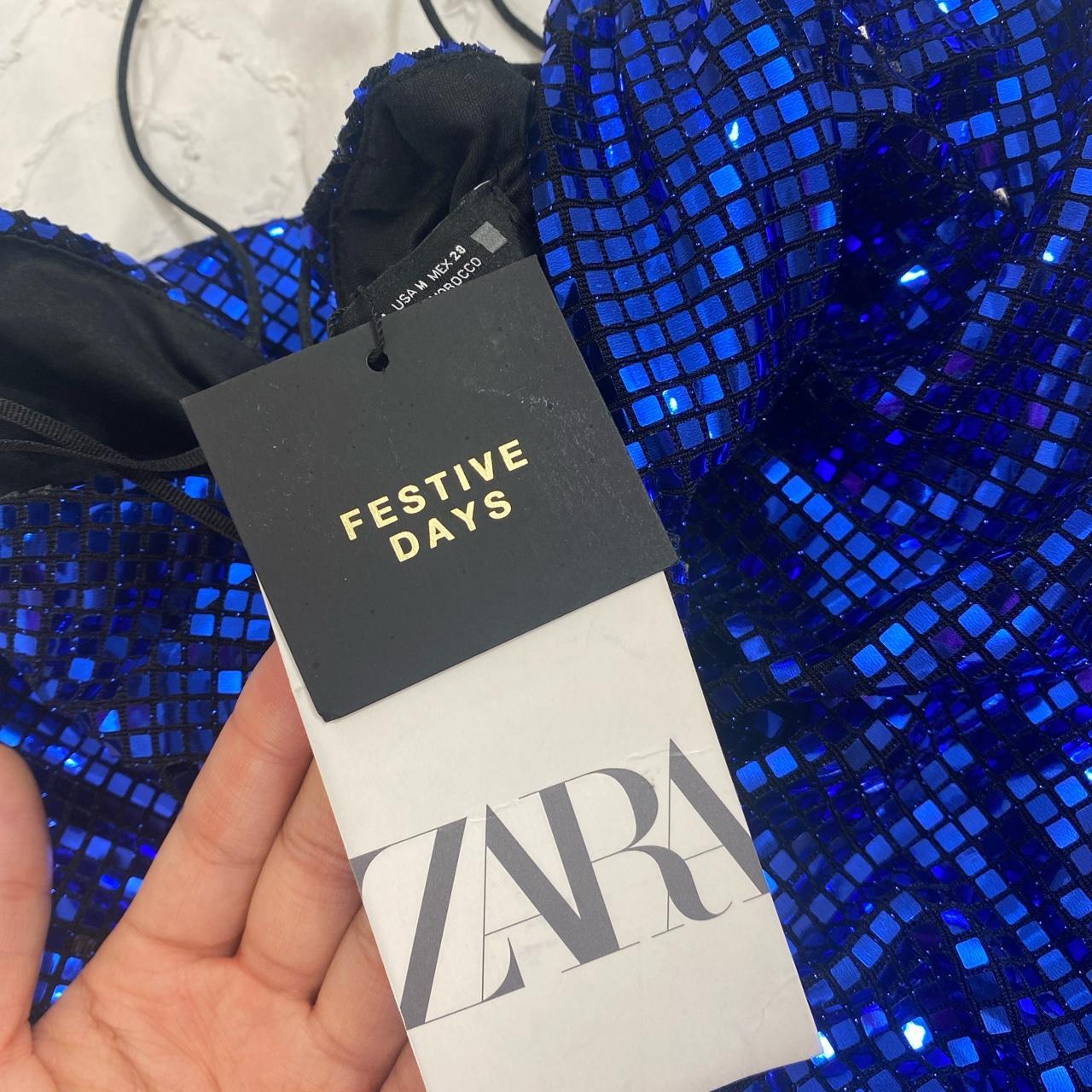 zara blue sequin ruched mini dress a few defects,... - Depop